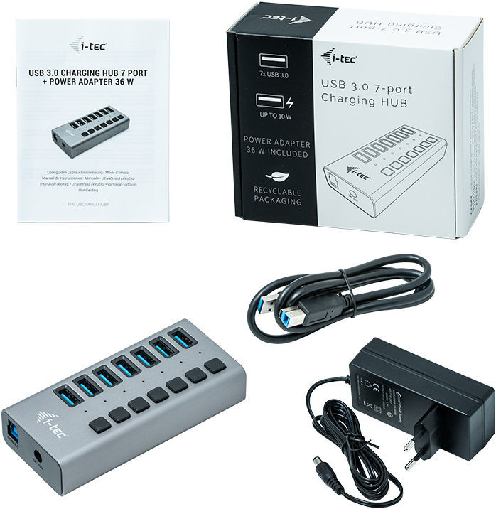 USB šakotuvas i-Tec USB 3.0 Charging HUB 7port + Power Adapter 36 W ...